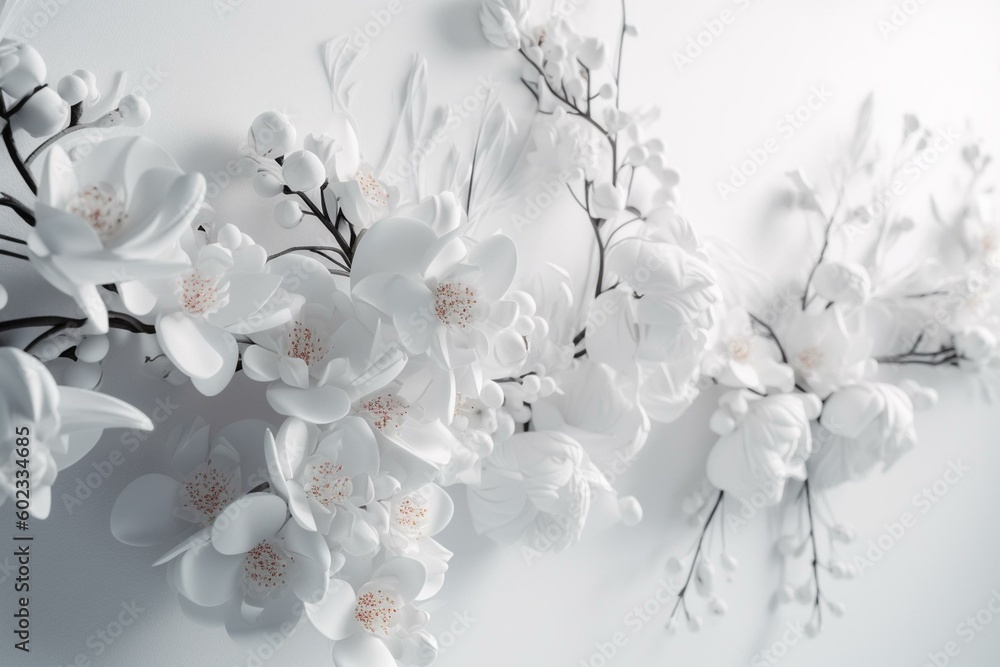 Minimalist 3D floral wallpaper on white background. Contemporary blooms ...