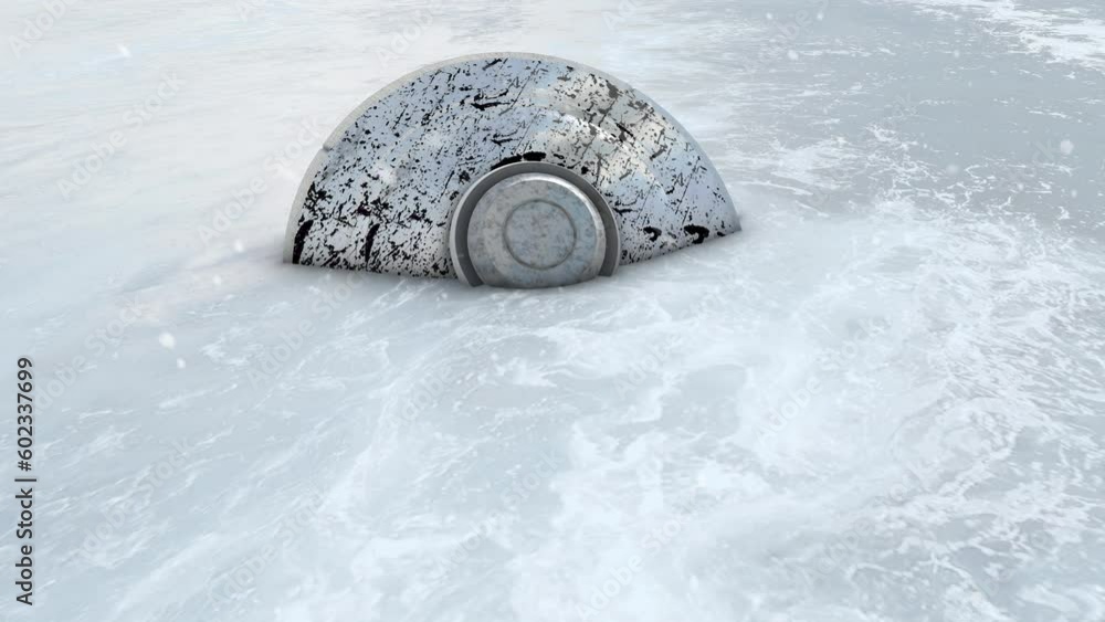 Flying saucer ufo stuck in sea ice, Aerial view 3d illustration of ...