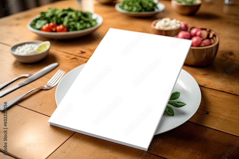 White blank restaurant menu sign paper. wooden indoor advertisement AI ...