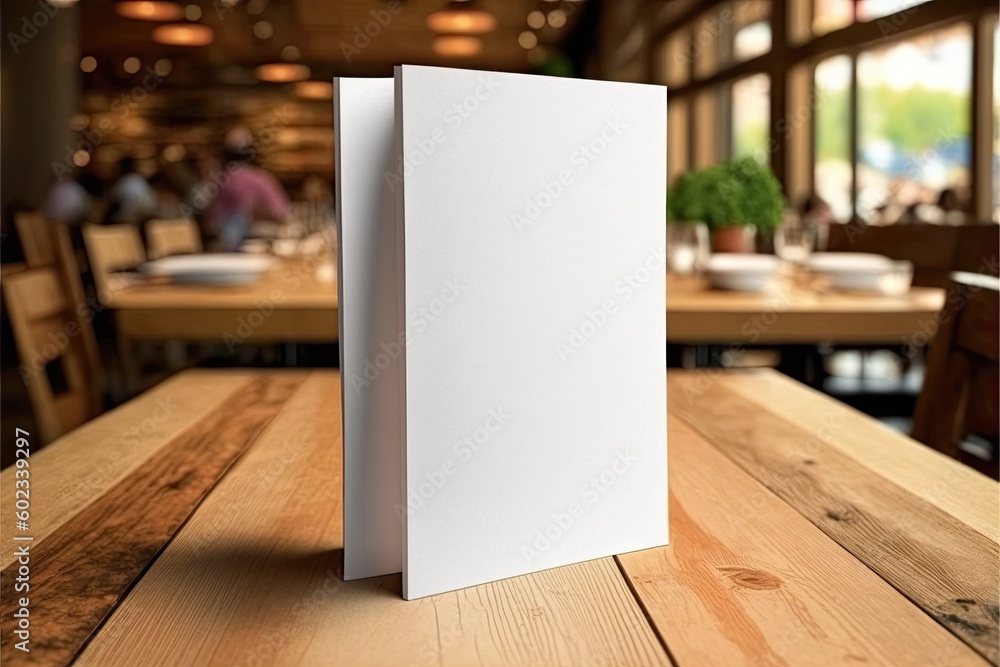 White blank restaurant menu sign paper. wooden indoor advertisement AI ...