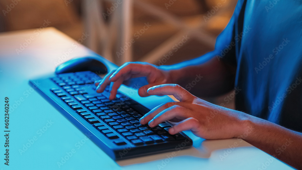 Global search. Working man. It technology. Unrecognizable guy typing ...