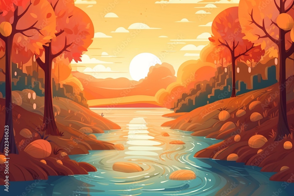 Cartoon-style illustration of a sun and river for nature-themed scene ...