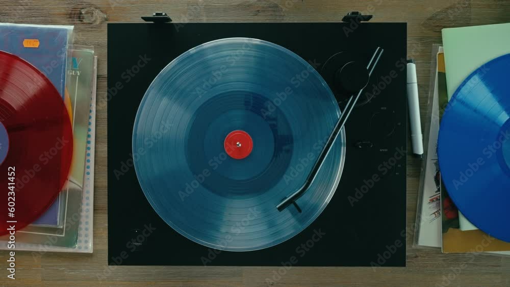 Top view of stereo record player is equipped with turntable stylus that ...