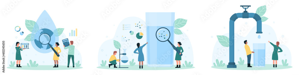 Vetor de Water quality inspection set vector illustration. Cartoon tiny ...