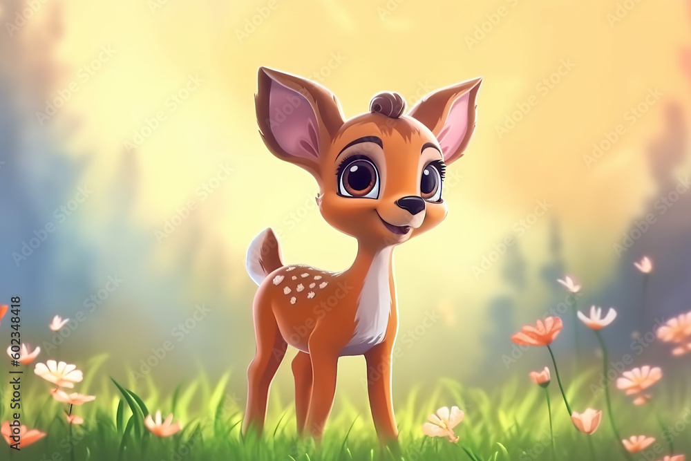 a cute adorable baby roe deer in nature rendered in the style of ...