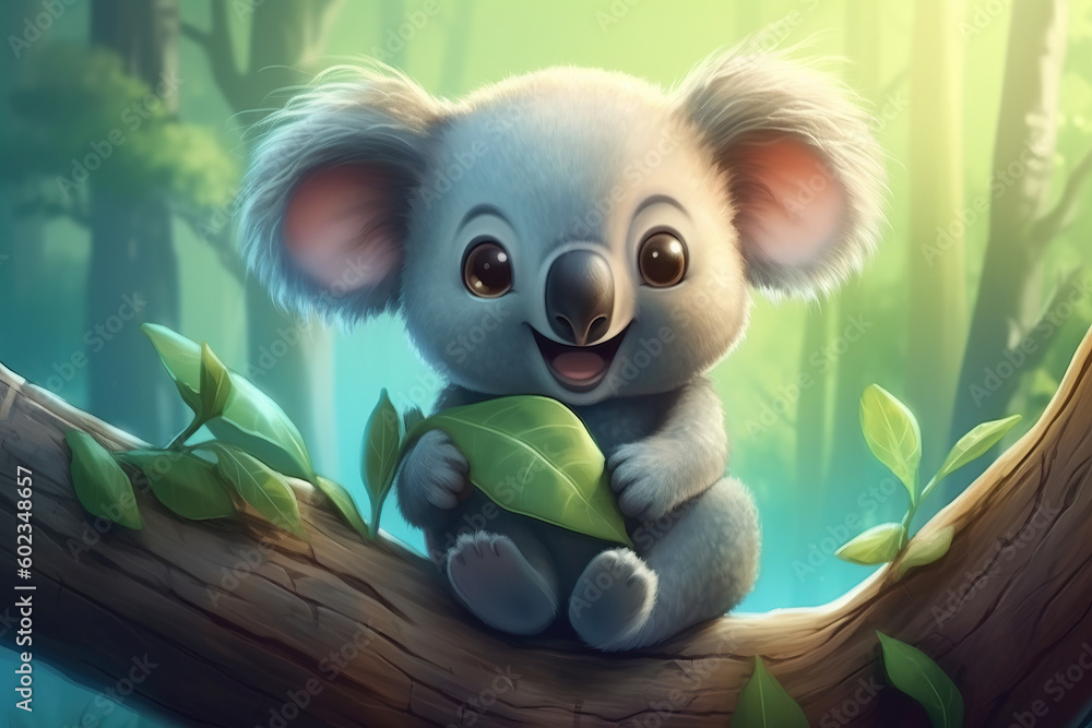 a cute adorable baby koala in nature rendered in the style of children ...