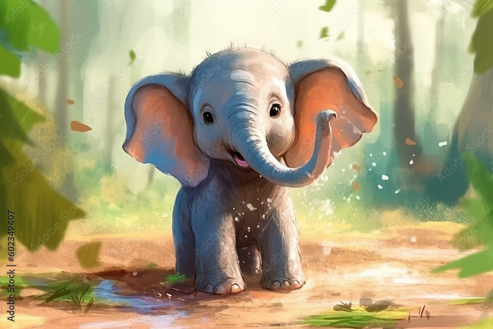 cute adorable baby elephant showering himself with a trunks made in ...