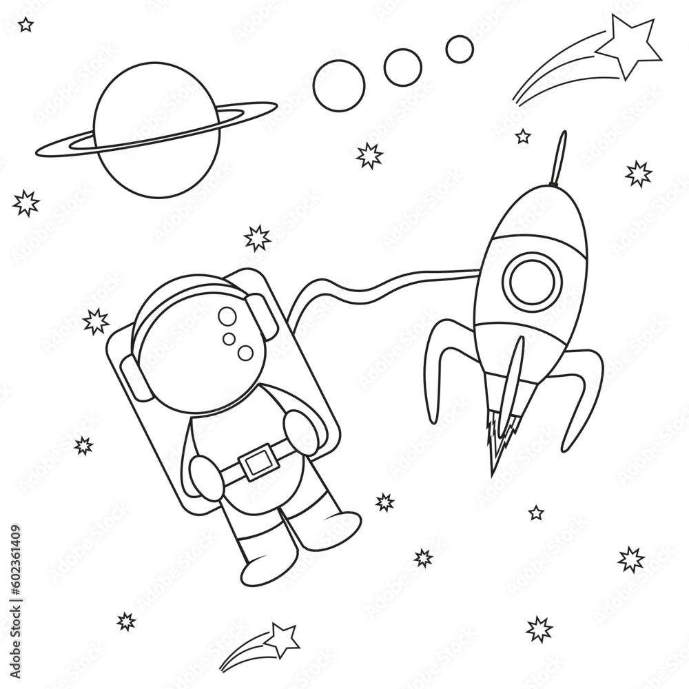 Coloring Page of Astronaut doing a Spacewalk with a Rocket and a Planet ...