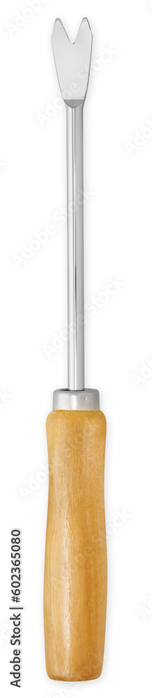 Garden weed removal hand tool with wooden handle. Top view isolated on ...