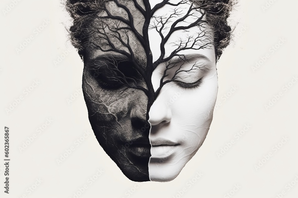 A surreal image of a face with half of it painted white and the other ...