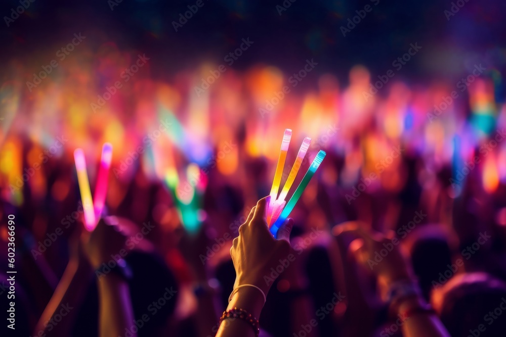 A close-up shot of hands holding glow sticks in the air at a rave party ...