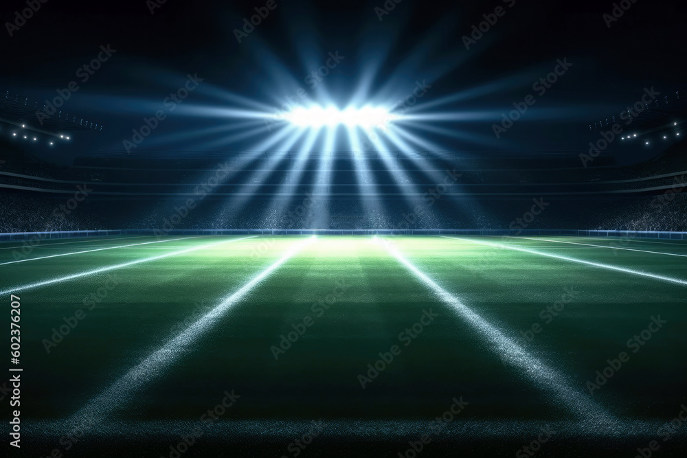 Empty grass field scene background with spotlights light. Night view of ...