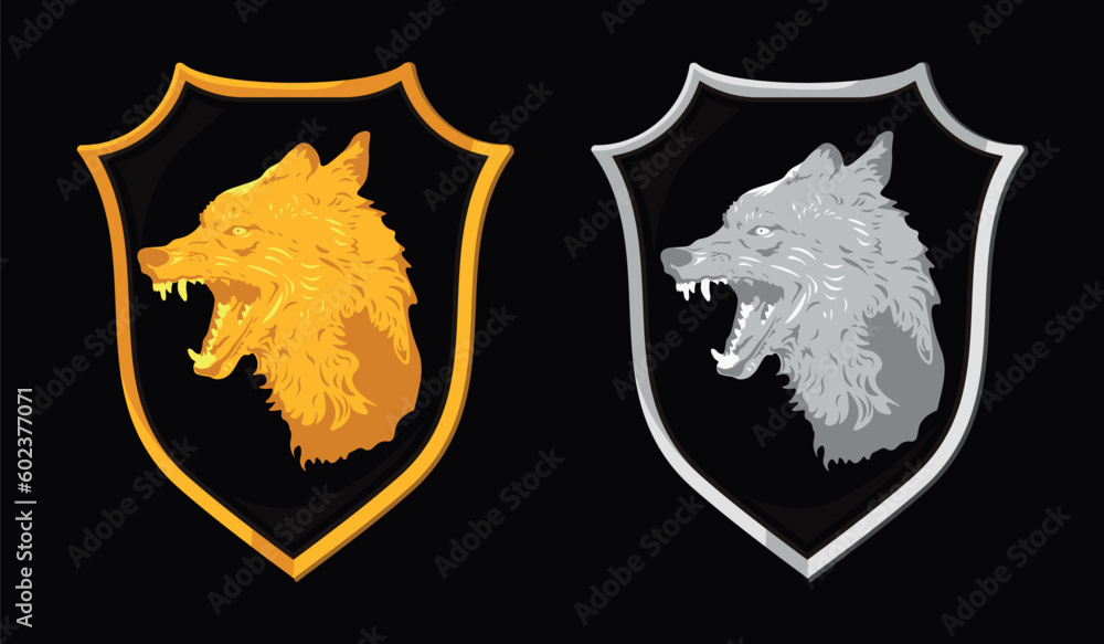 Heraldic shield with wolfes. Golden & silver wolf hunting and growling ...