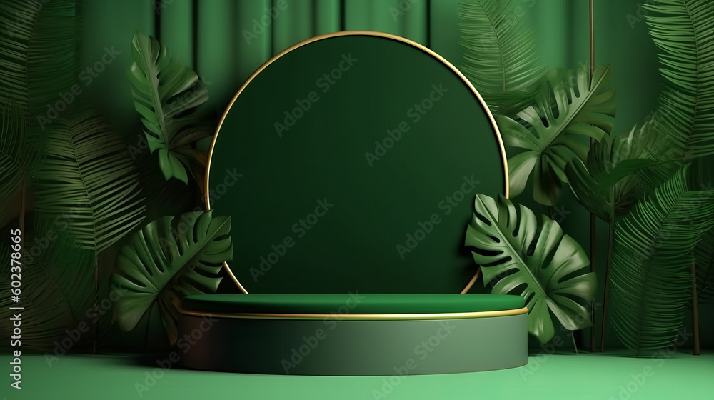 Nature 3D podium product platform, green jungle plant leaf background ...