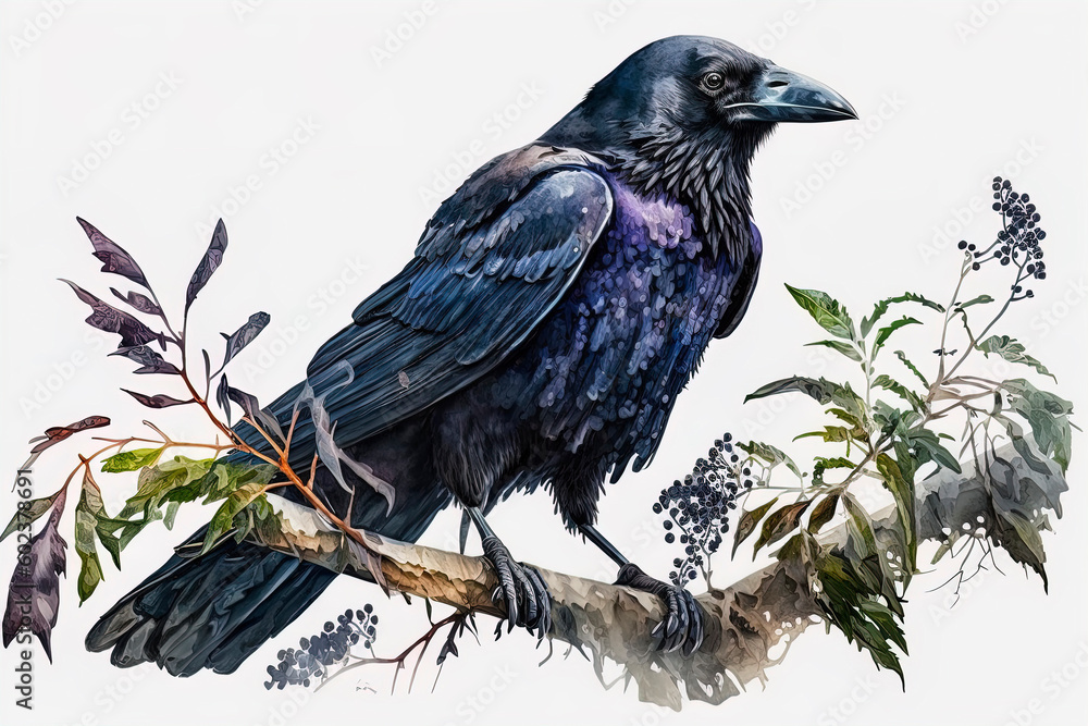 Raven sitting on branch, isolated illustration of crow, crow in the ...