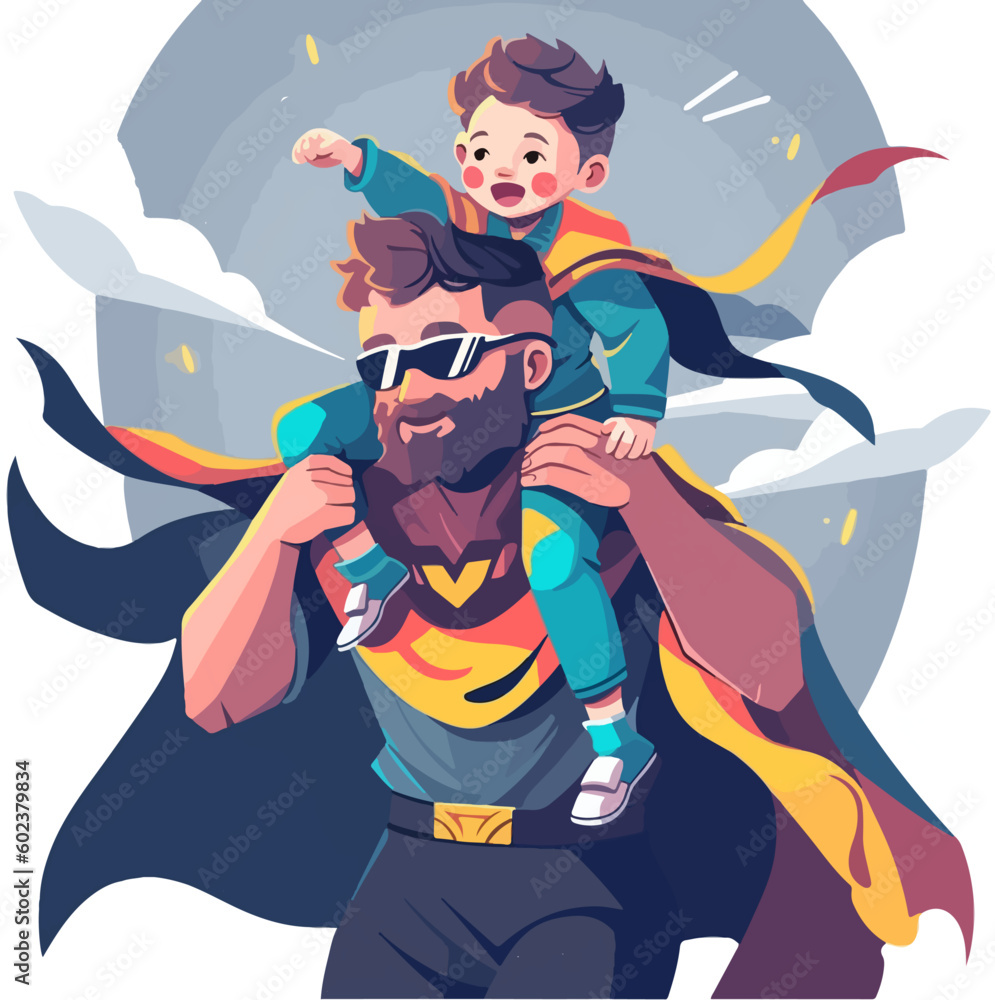 Dad in superhero costume holds son on his shoulders. Happy Father's day ...