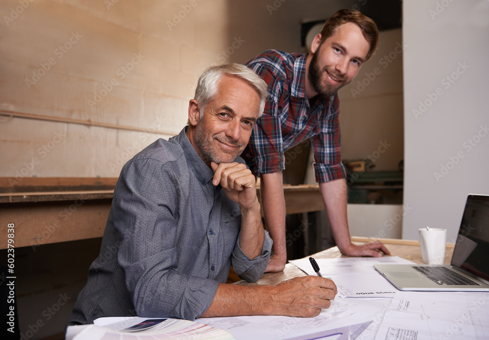 Architecture, teamwork and portrait of men in workshop for ...