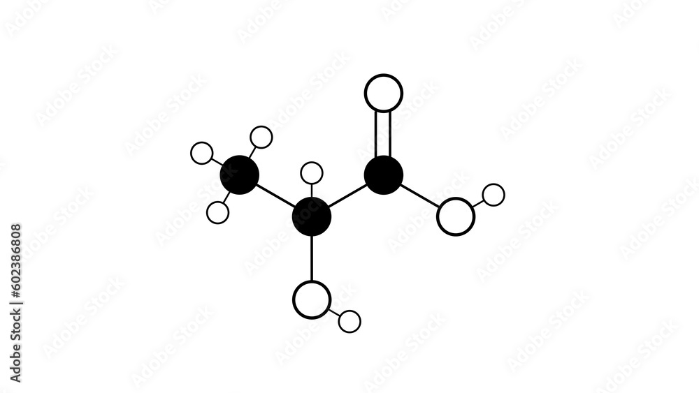 lactic acid molecule, structural chemical formula, ball-and-stick model ...