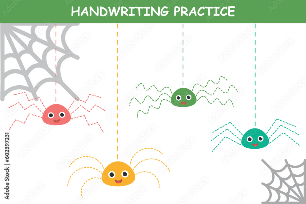 Educational worksheet for kids. Handwriting practice. Cute spider and ...
