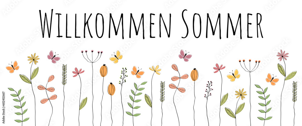 Vetor de Willkommen Sommer - Schriftzug in deutscher Sprache. Grußkarte ...