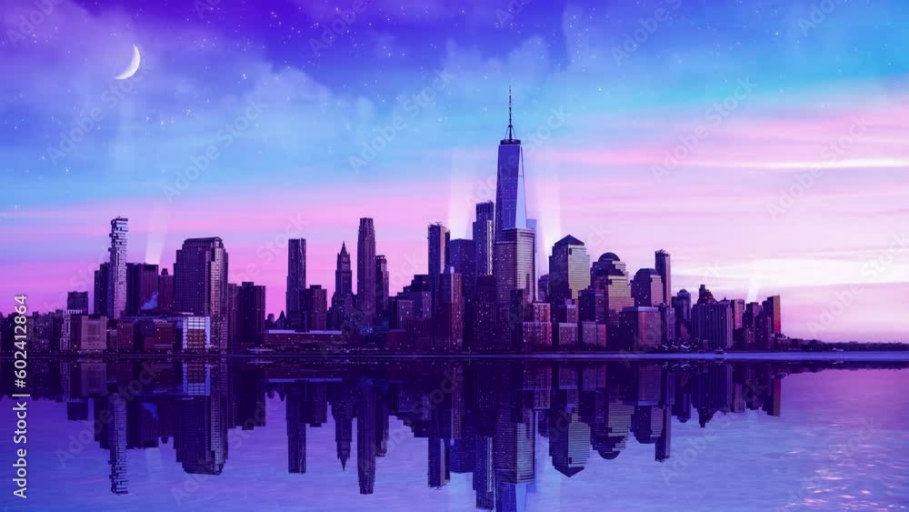 Cartoon New York City cityscape in the sunset. Animated background ...