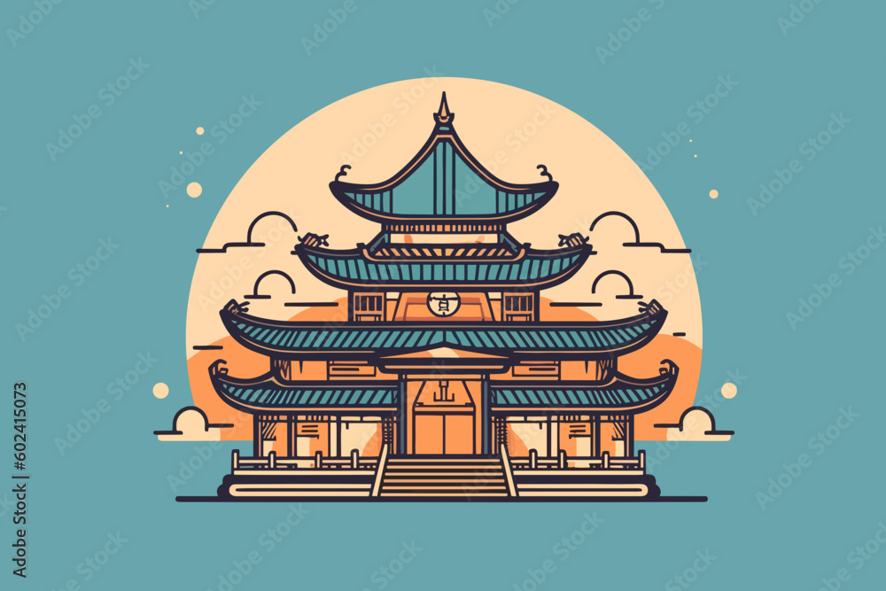 Doodle inspired Buddhist temple, cartoon sticker, sketch, vector ...