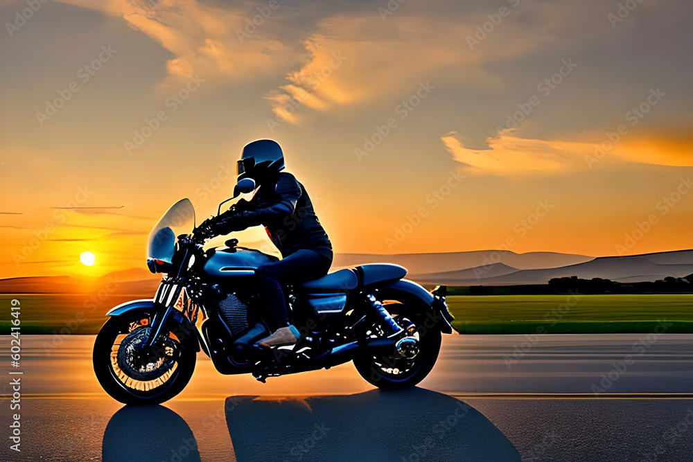 Generative AI image of motorcycle rider riding alone on an empty road ...