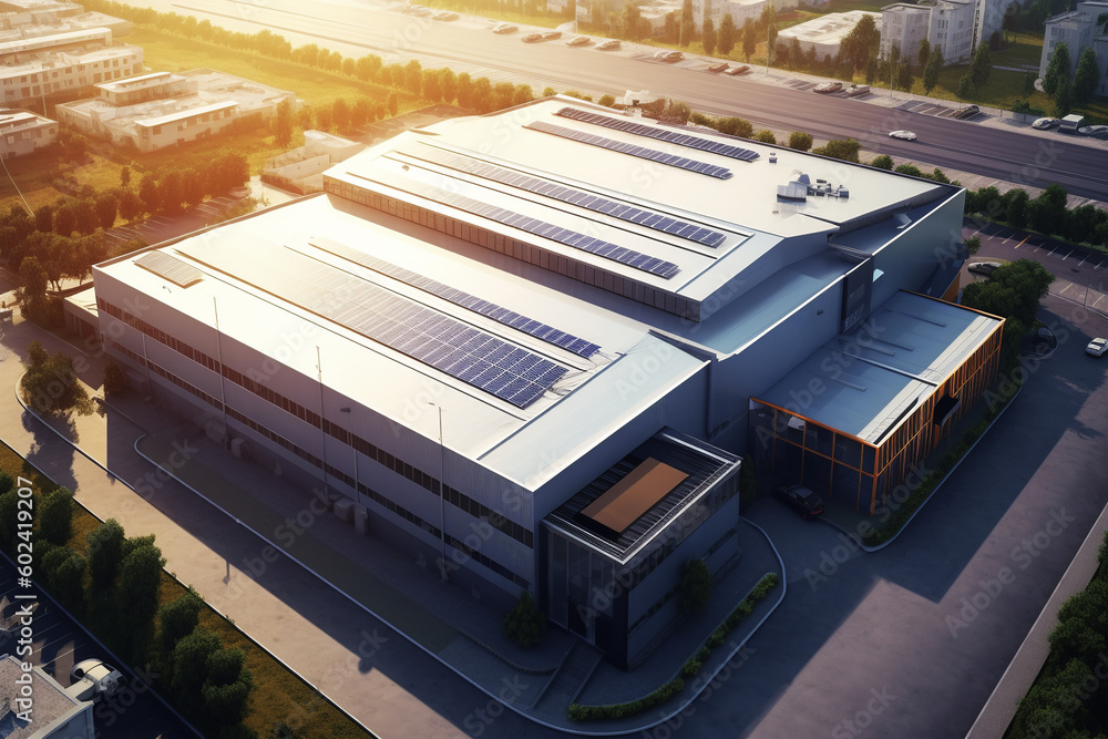 Solar energy panels in a factory in drone view. Generative AI. Stock ...