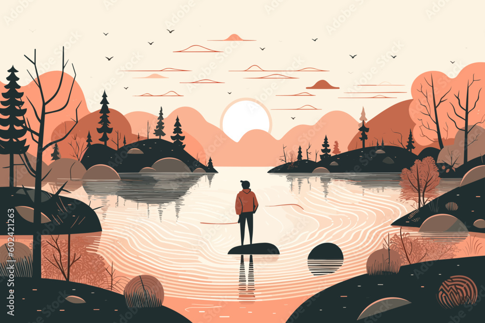 Doodle inspired Nature lover at lake, cartoon sticker, sketch, vector ...