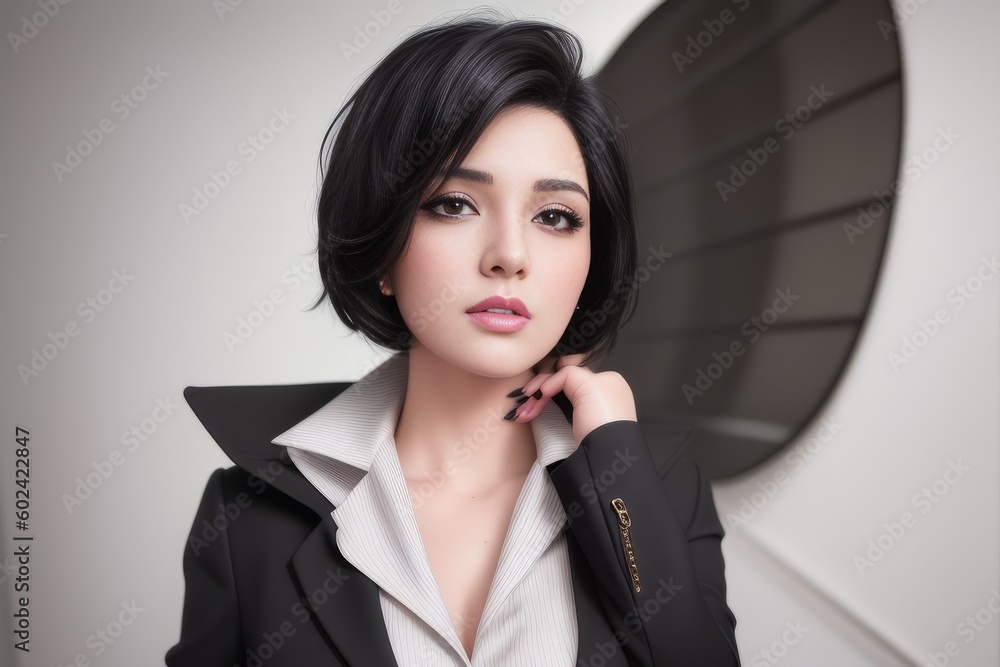 Young short black hair business lady look into camera in her office ...