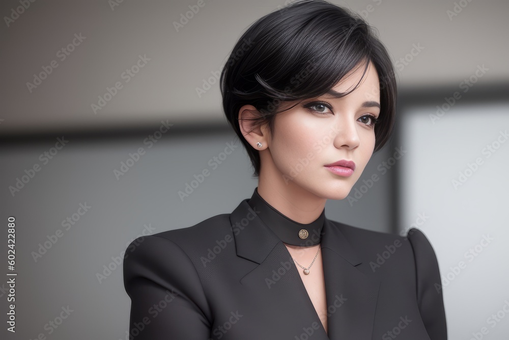 Young short black hair business lady looking into camera in her office ...