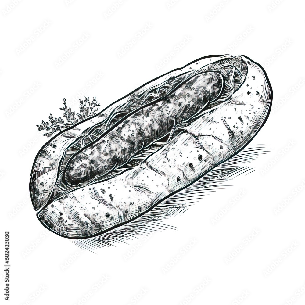 A hand-drawn black and white sketch of a bratwurst sausage, generated ...