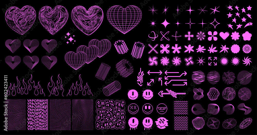 Vaporwave, synthwave, Y2K universal geometric shapes, 3D elements with ...