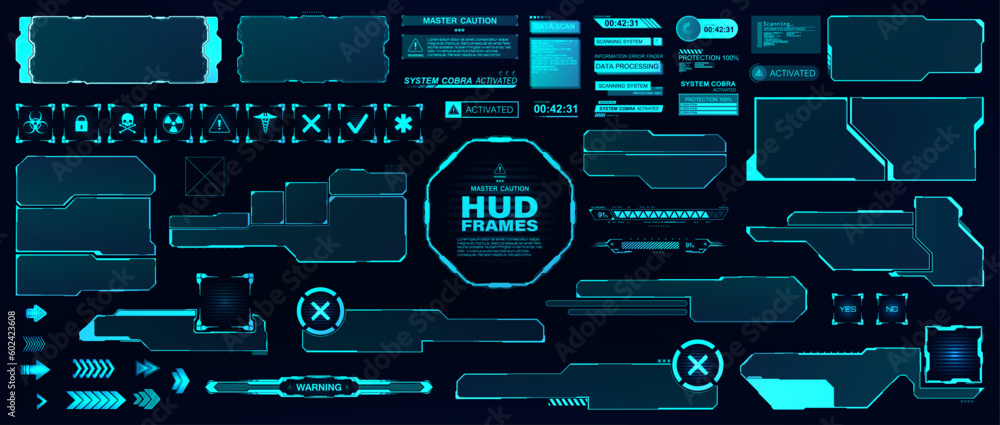 Digital HUD, UI frames. Futuristic user interface - borders, button, loading bar, arrows ...