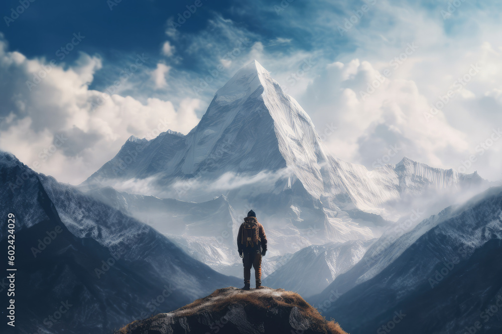 person looking towards a mountain peak motivational poster generative ...