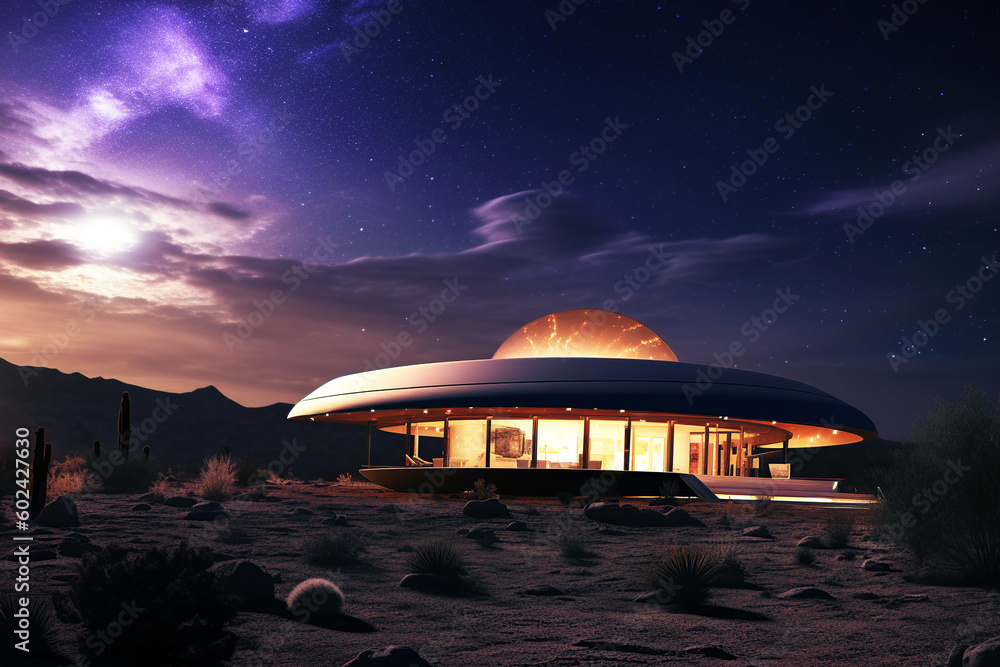 UFO shaped house at night. Generative AI. Stock Illustration | Adobe Stock