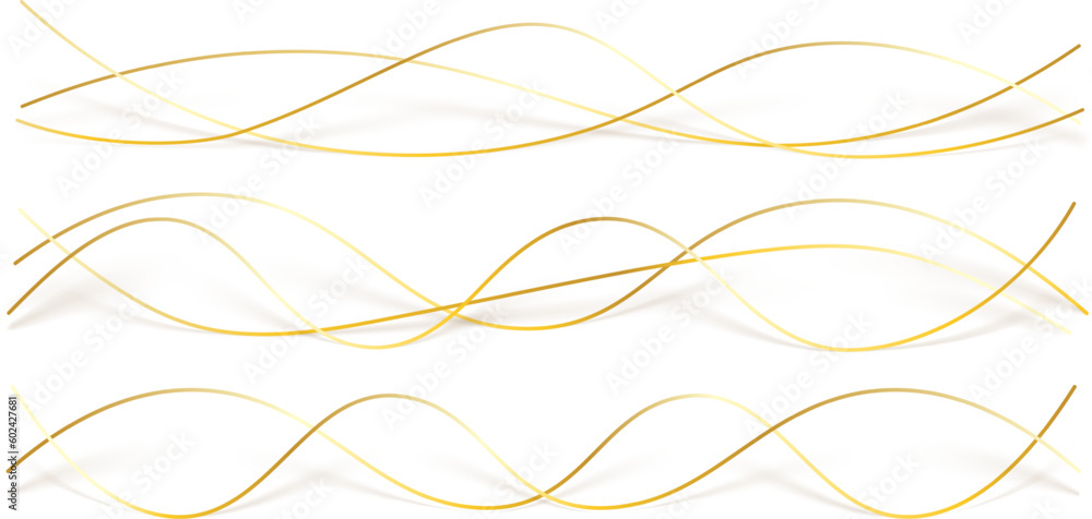 3d wavy gold lines swoosh on white background. Luxury beauty thin curves, swirl as stream flow ...