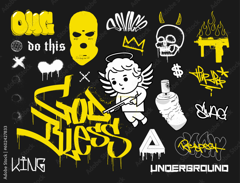 Street underground elements - graffiti spray, tags, angel with gun ...