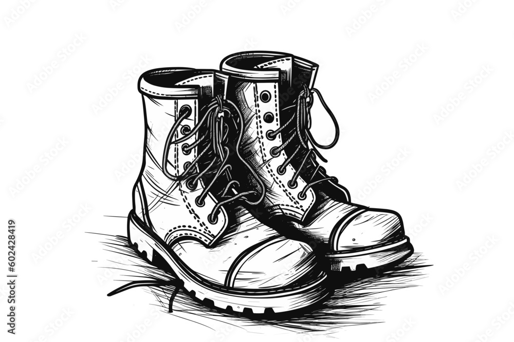 Doodle inspired Combat boots, cartoon sticker, sketch, vector ...