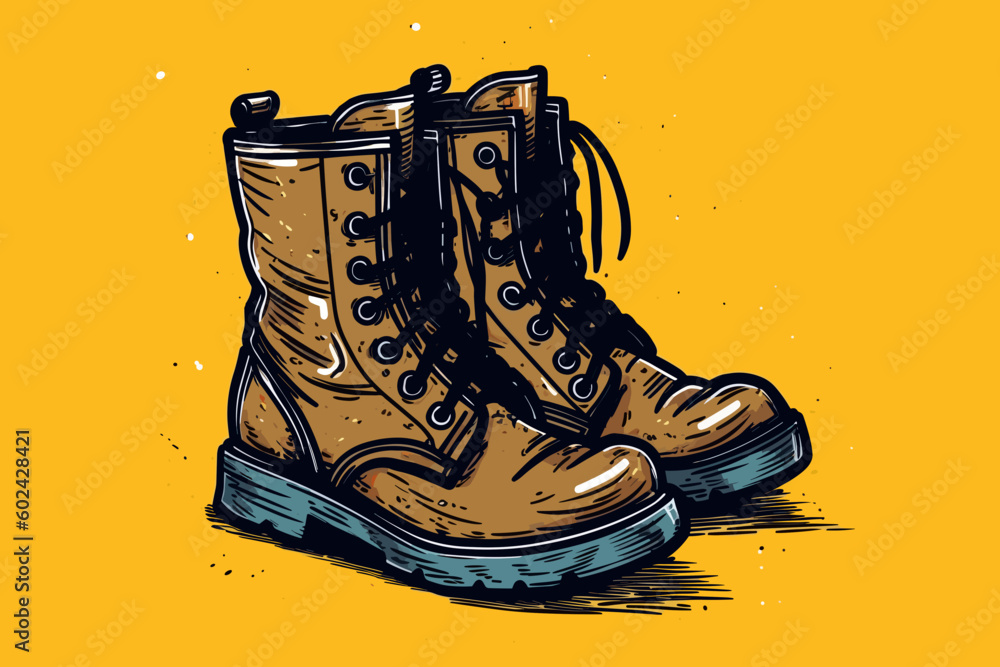 Doodle inspired Combat boots, cartoon sticker, sketch, vector ...
