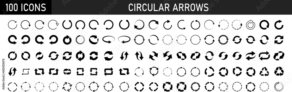 Arrows set of 100 black icons. Arrow icon. Set of circle arrows rotating on white background ...