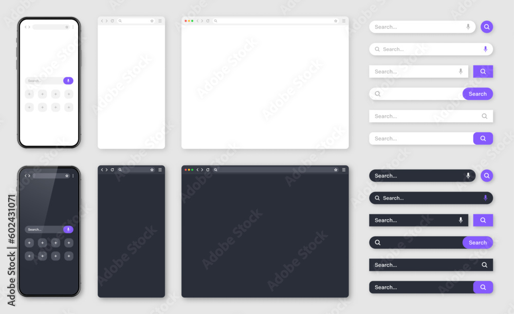 Smartphone, blank internet browser window with various search bars. Web ...