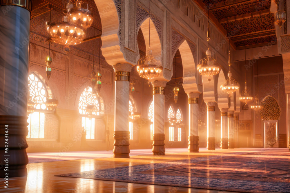 Islamic architecture interior, golden light, mosque, palace. Generative ...