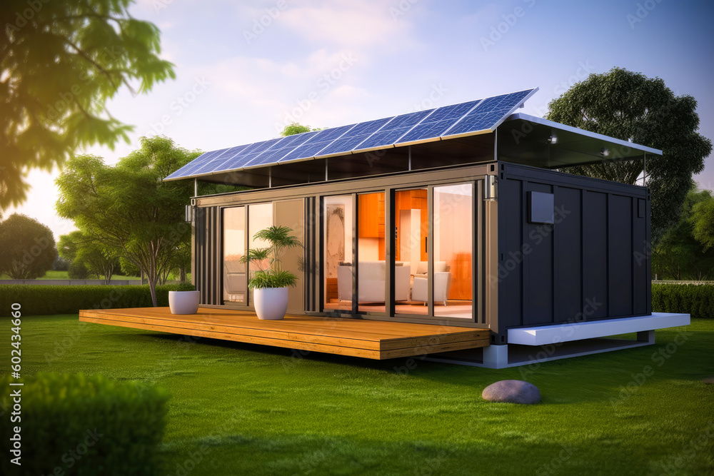 Container modular portable house with solar panels and porch. Concept ...
