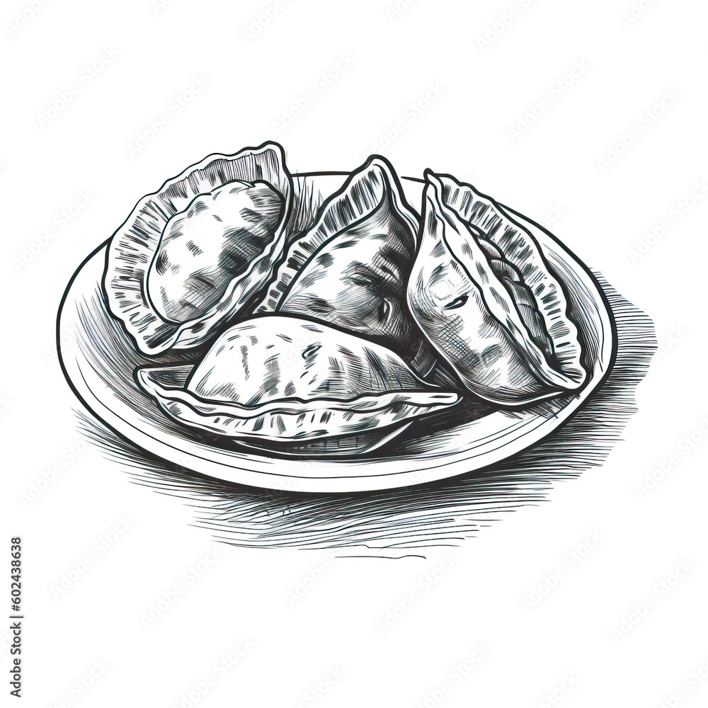 Hand Drawn Fried Pierogi Outline Illustration, Dumplings Hand Drawn ...
