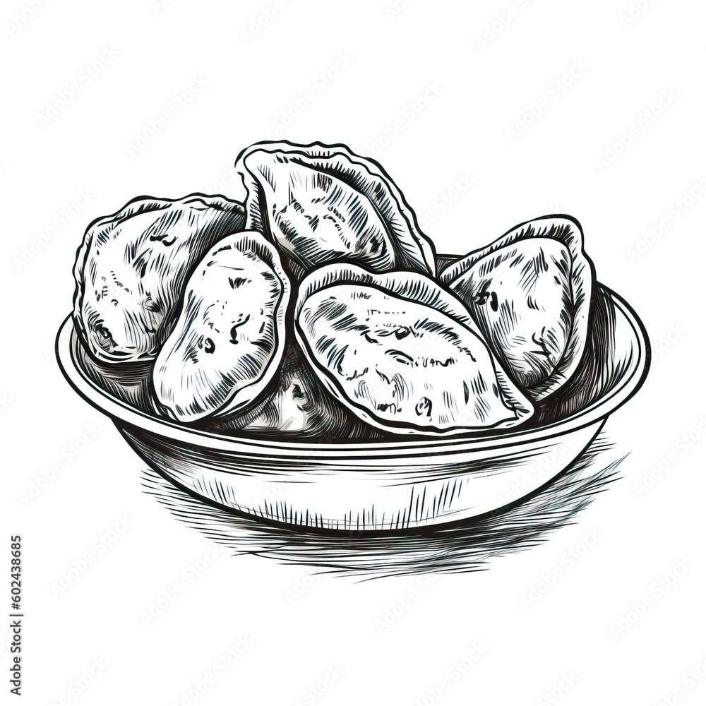Hand Drawn Fried Pierogi Outline Illustration, Dumplings Hand Drawn ...