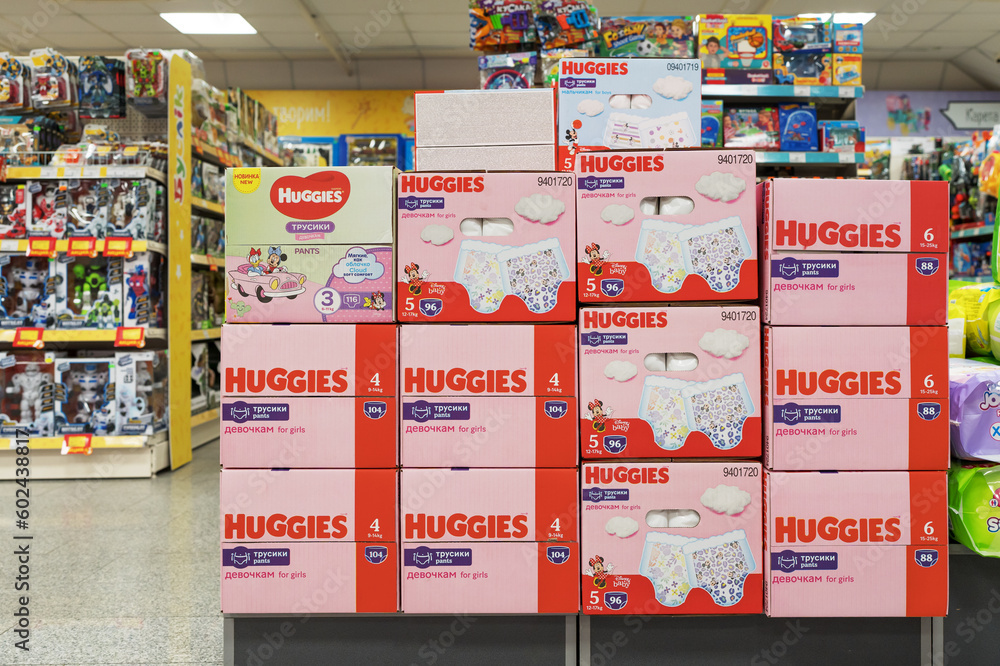 Huggies Diapers boxes for sale in a store. Panties for babies are sold ...