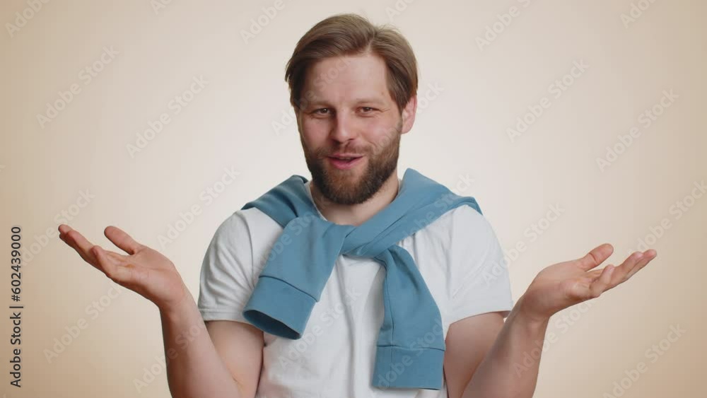Video „What. Why. Sincere irritated caucasian man raising hands in ...