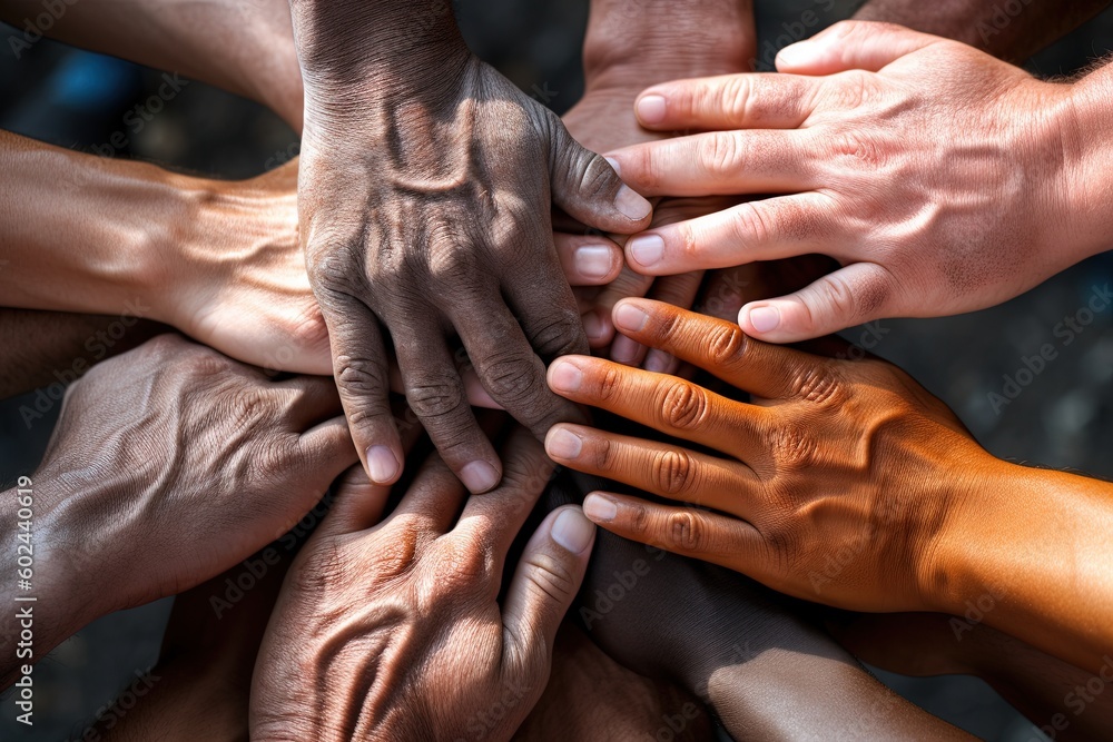 All hands together, united diversity or multi-cultural partnership in a ...
