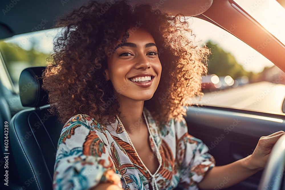 young adult woman driving a car, smiling joyfully, hands on steering ...
